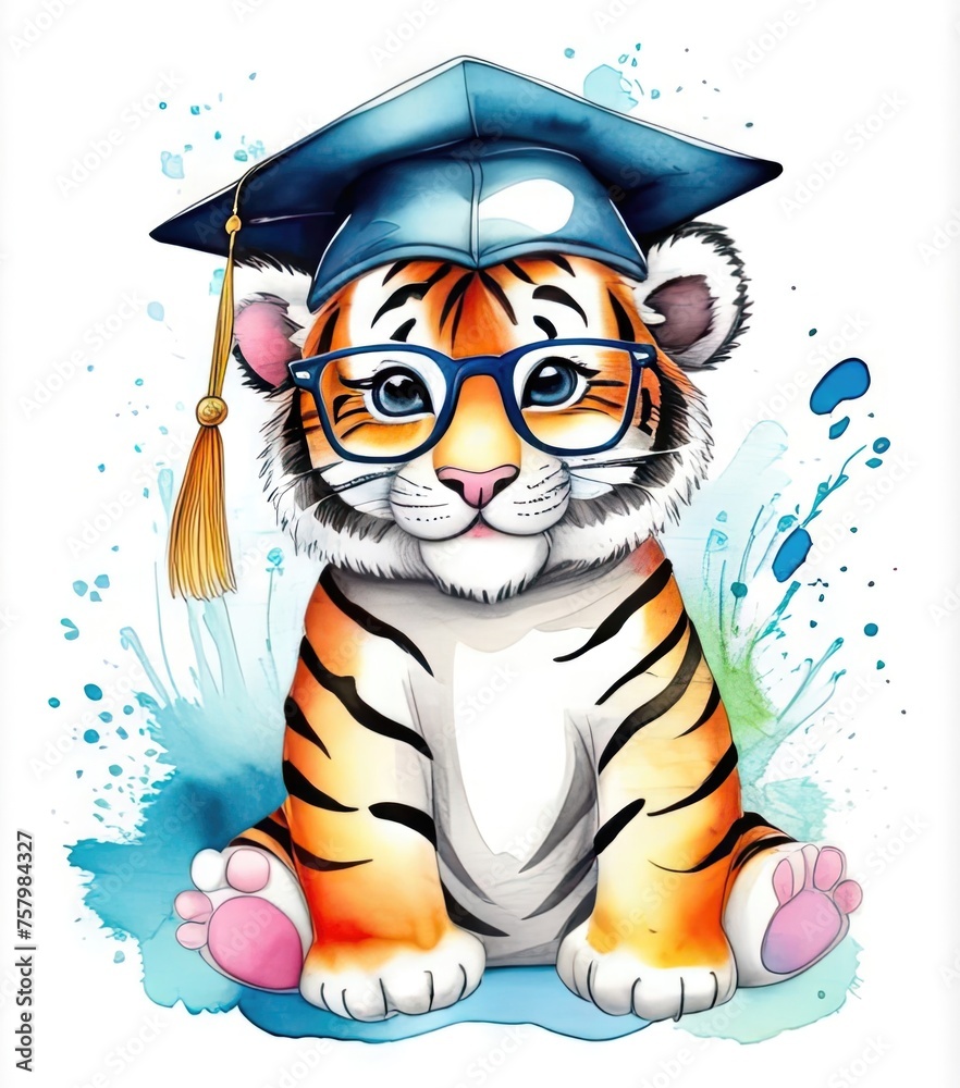 Adorable tiger wears graduated cap and poses with books,watercolor ...