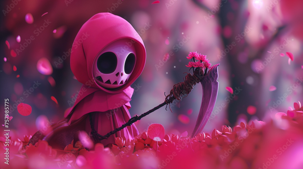 3d character of cute pink grim reaper with scythe in the pink flower ...
