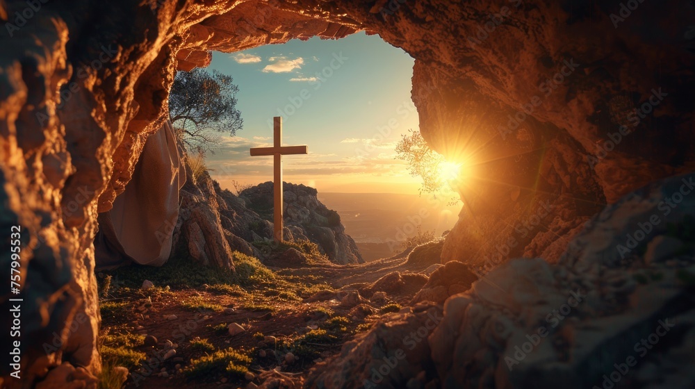 Sunrise at empty tomb with shroud and crucifix, symbolizing ...