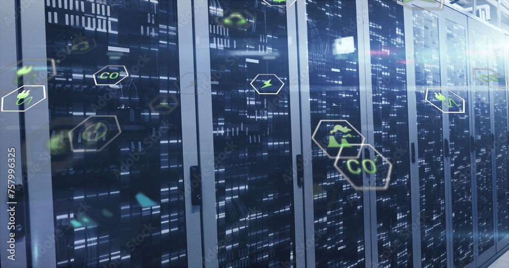 Image of multiple icons with lens flares over bars on data server racks ...