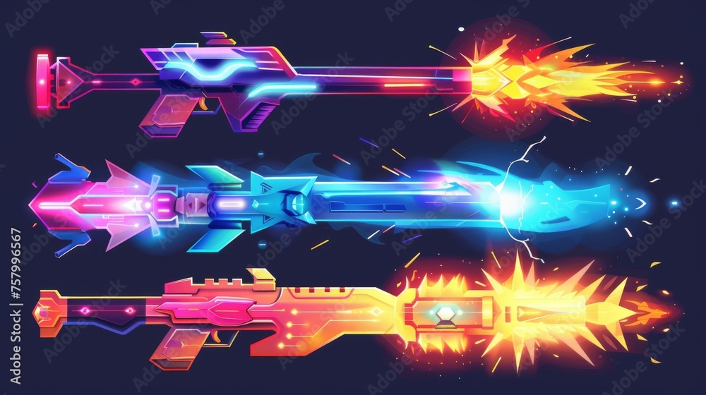 An alien weapon boom. A futuristic beam gun, laser beams and rays. An ...