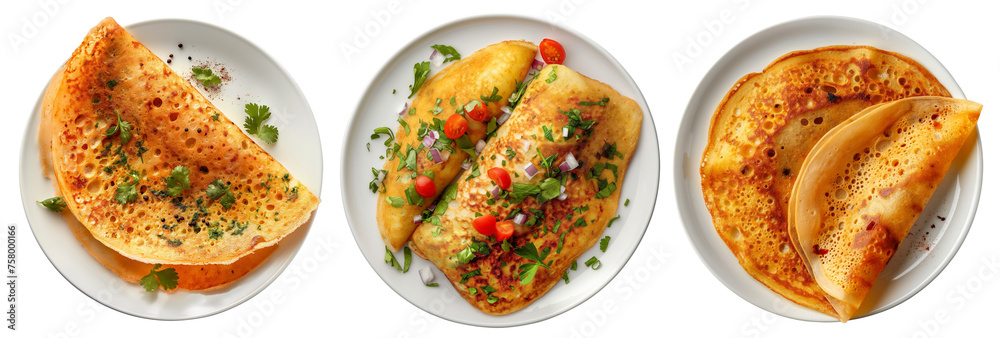Set of Masala Dosa in plate with garnish isolated top view on ...