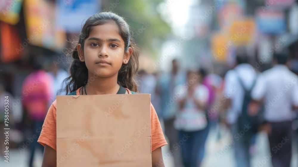 Indian young girl standing alone on the crowded street, serious face ...