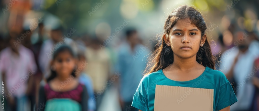 Indian young girl standing alone on the crowded street, serious face ...