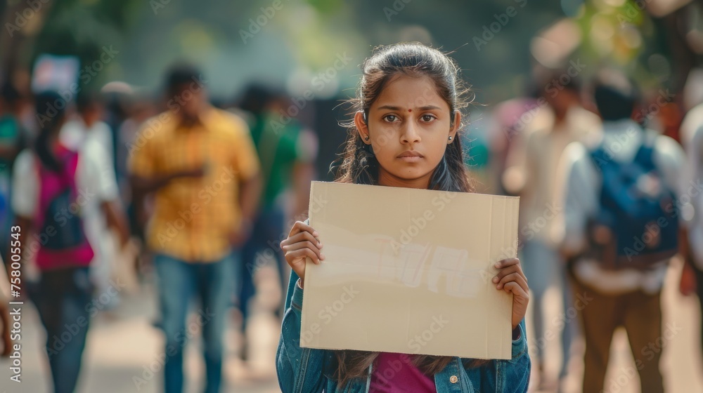 Indian young girl standing alone on the crowded street, serious face ...
