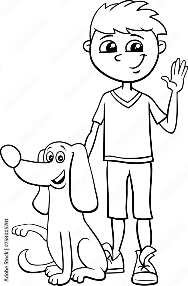 cartoon boy character with his dog coloring page Stock Vector | Adobe Stock
