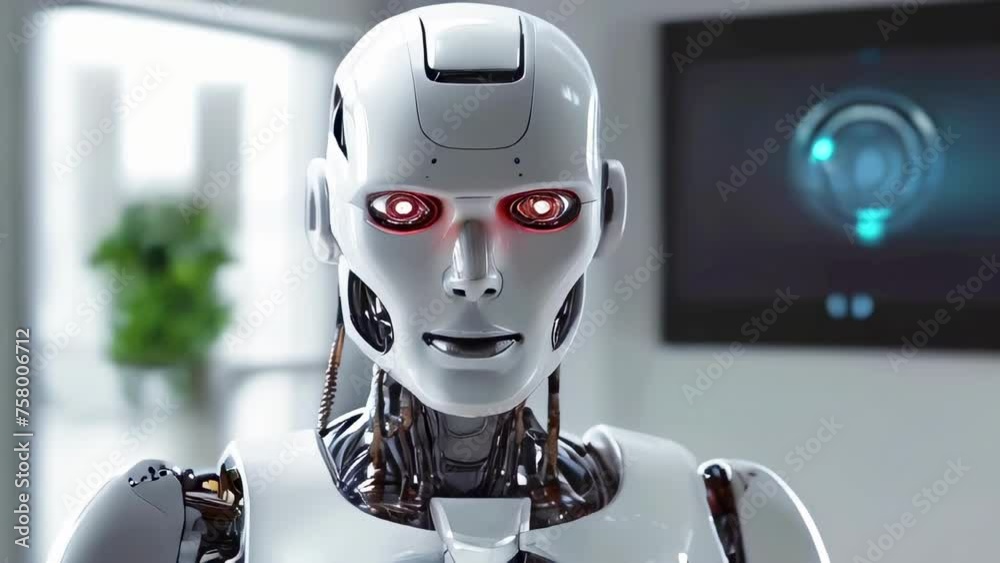 Advanced humanoid robot with red eyes and a complex network of circuits ...