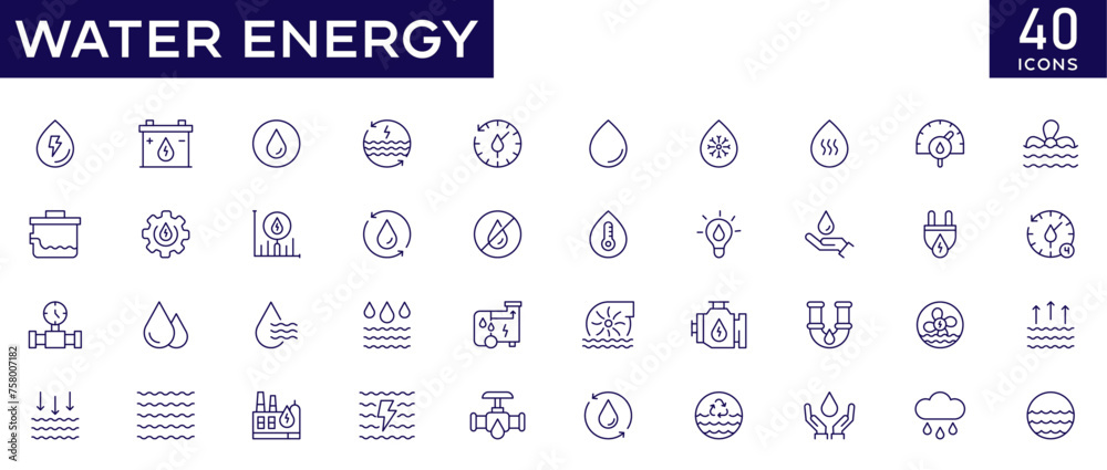 Water Energy icons set with fully editable stroke thin line vector ...