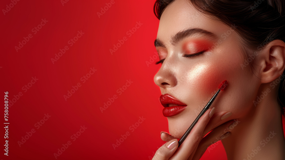 The makeup artist applies powder and blush. A beautiful woman faces. A ...