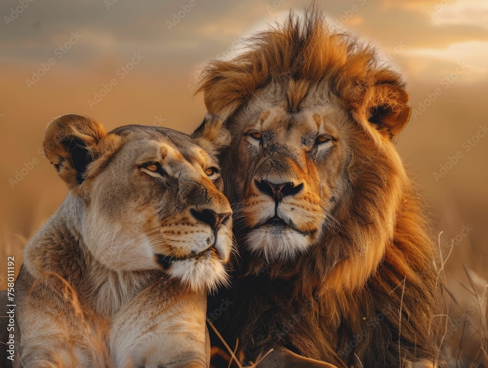 Two lions, male and female, resting together under a soft pastel sky ...