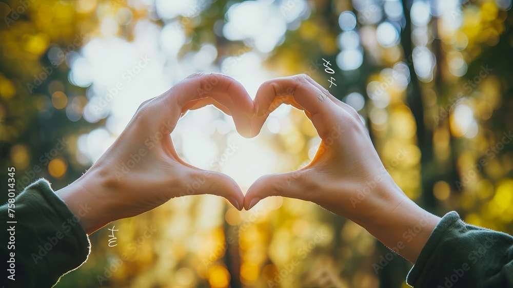 A photograph of two hands coming together to form a heart shape, with ...