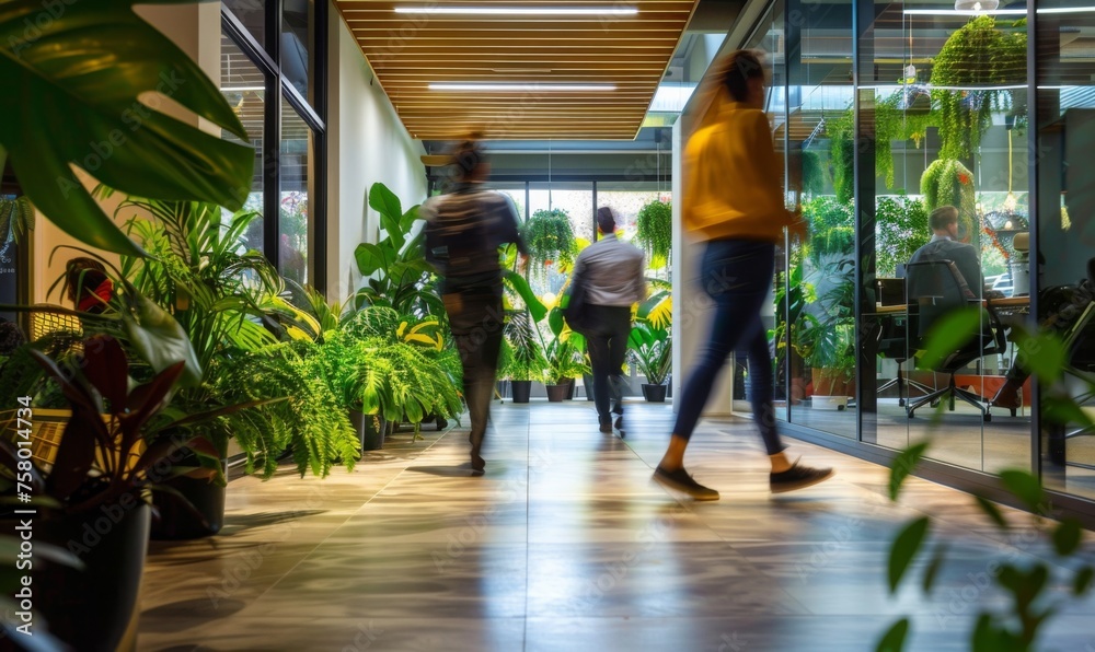 Employees bustle around the green office, demonstrating the startup's ...