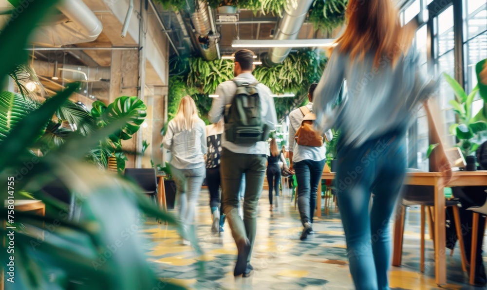 Employees bustle around the green office, demonstrating the startup's ...