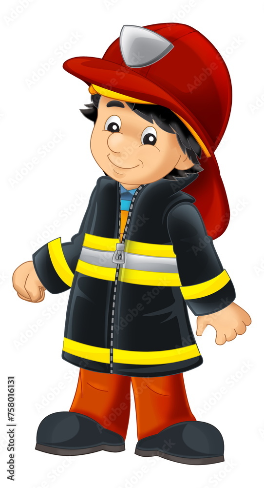 cartoon happy and funny fireman with extinguisher putting out the fire ...