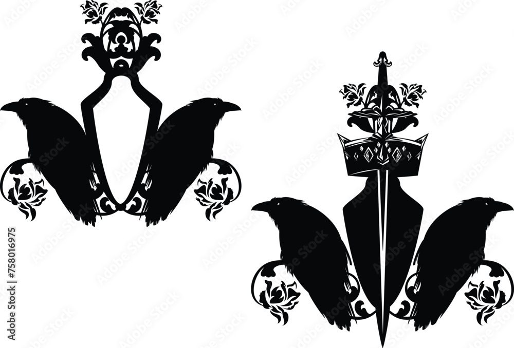 two raven birds with heraldic shield, king crown, knight sword and rose ...