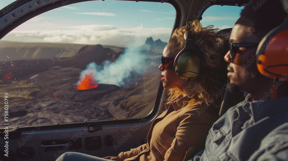 Couple watching a volcano eruption from a safe distance during a ...