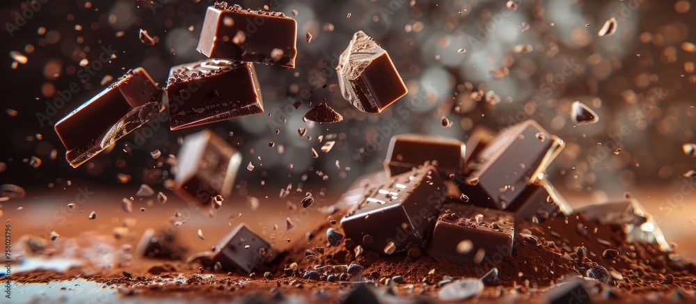 Dynamic Chocolate cubes and Shards Explosion in Air. Captivating high ...