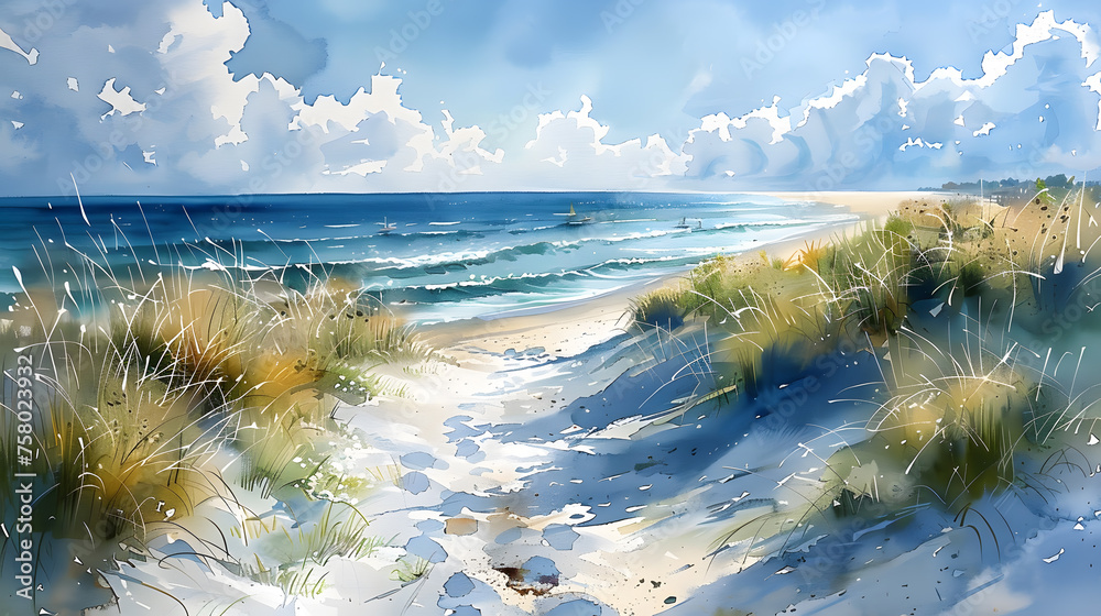 Tranquil Watercolor Seascape with Sandy Beach, Grass Walkway, and ...