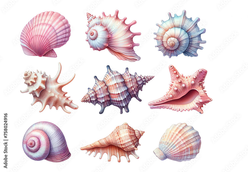 Digital drawing realistic beautiful sea shells of various colors and ...