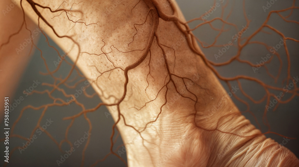 The image shows a detailed close-up of a person's legs with prominent ...