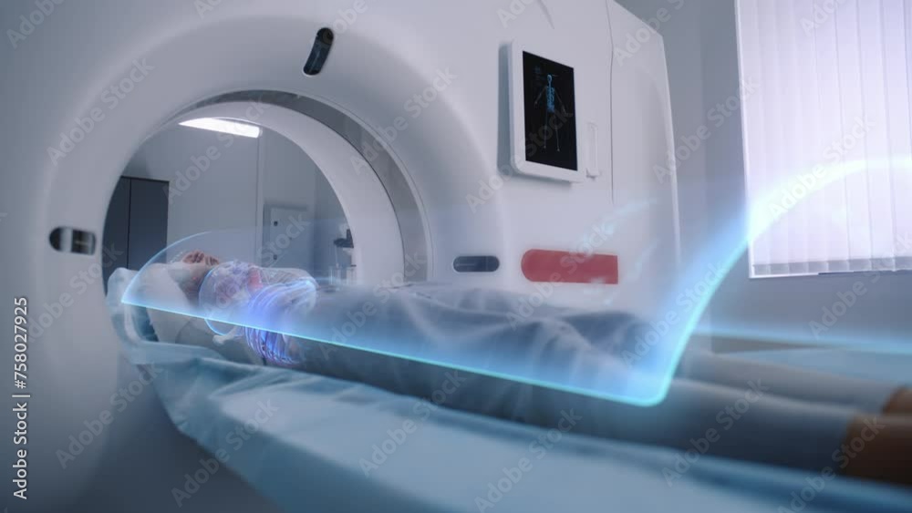 Woman undergoes MRI or CT scan diagnostic, lies on bed moving inside the machine. VFX animation ...