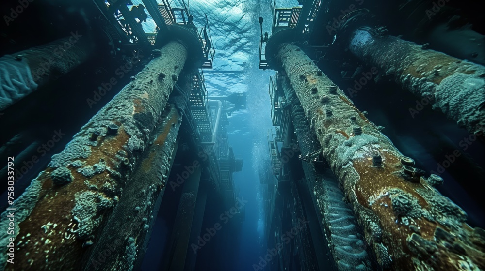 Submerged Oil Rig Infrastructure in Ocean Depths. The submerged ...