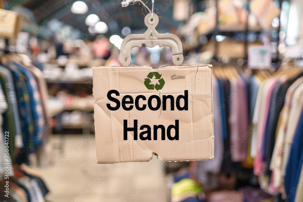 Cardboard Second Hand sign hanging in a sustainable fashion thrift ...