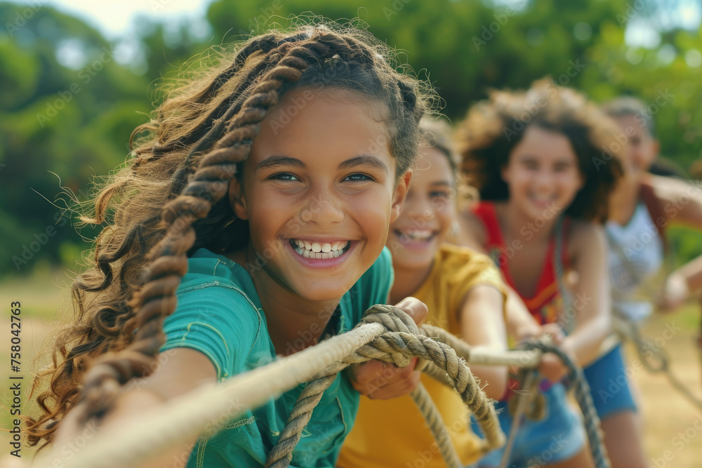 kids playing tug of war in the park. A multiracial group of people are ...
