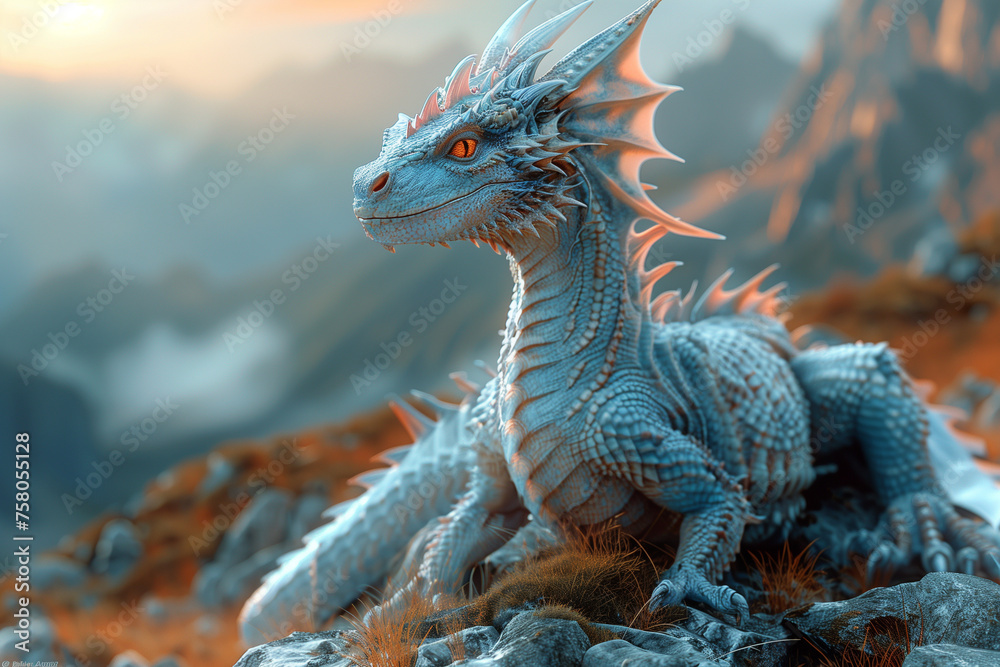 An ultra-realistic, majestic dragon perched on a craggy mountain peak ...