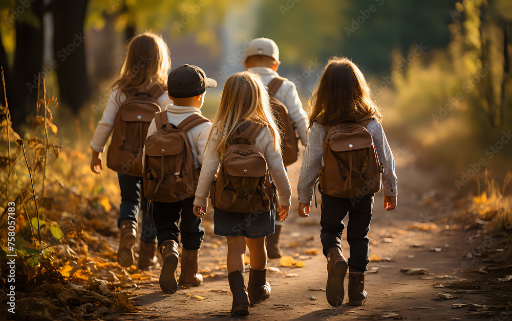 Autumn Adventure: Kids on a Forest Trek. Four children walking on a ...