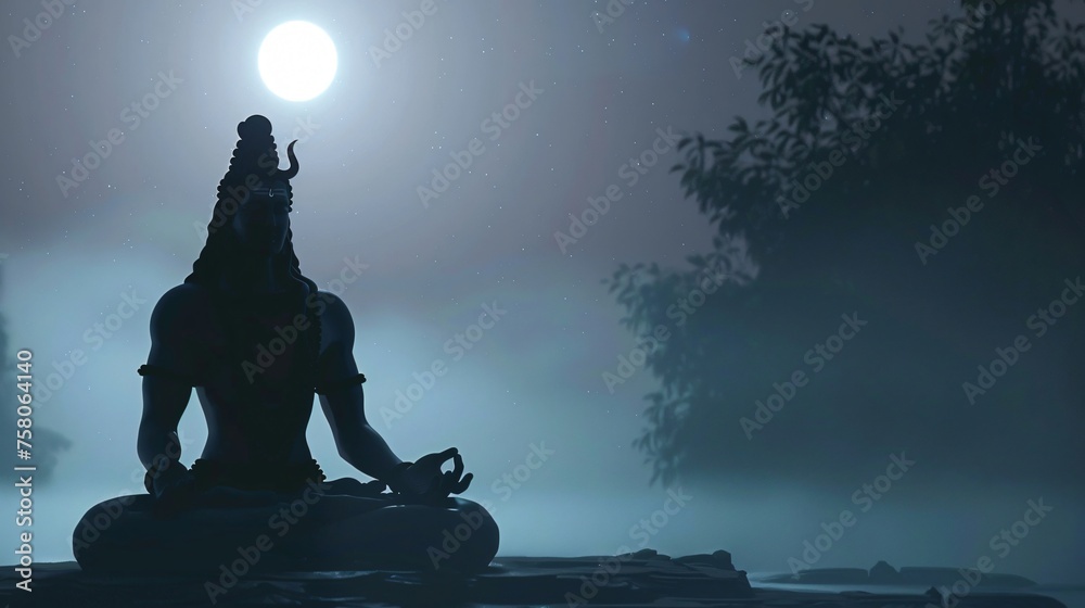 Silhouette of Lord Shiva, immersed in meditation, surrounded by the ...