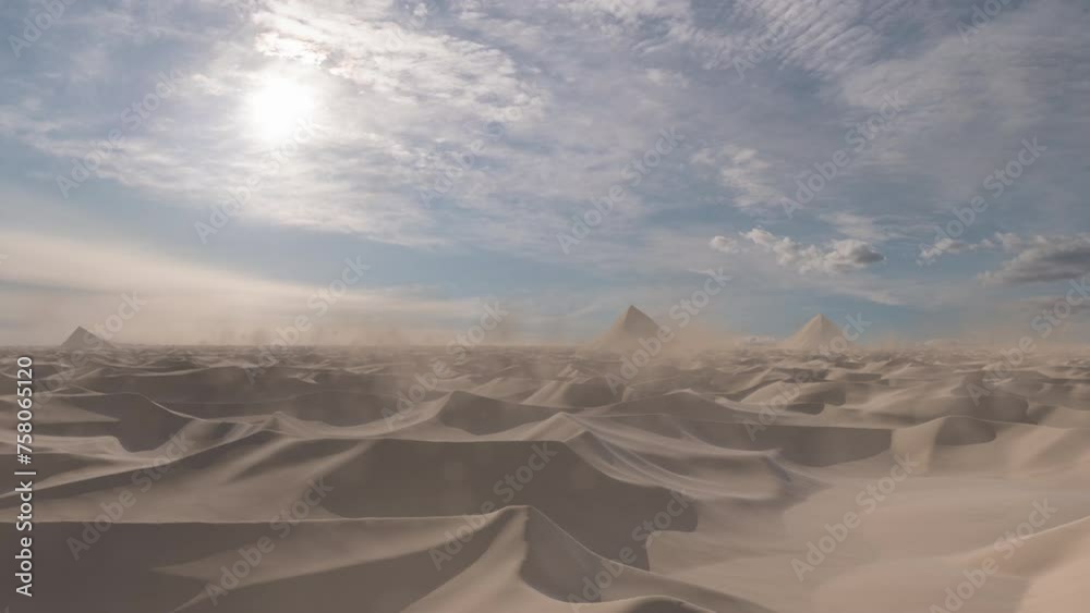 Desert dunes with pyramids shape mountains, aerial Sandstorm cinematic ...