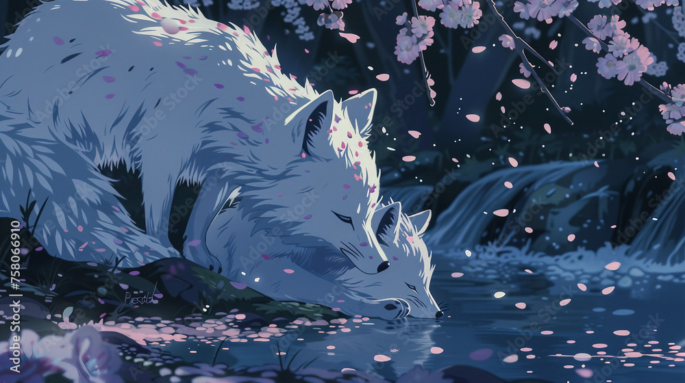 Generative AI, A close-up of the two arctic foxes as they nuzzle each ...