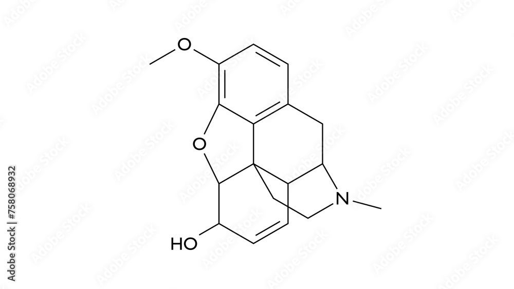codeine molecule, structural chemical formula, ball-and-stick model ...