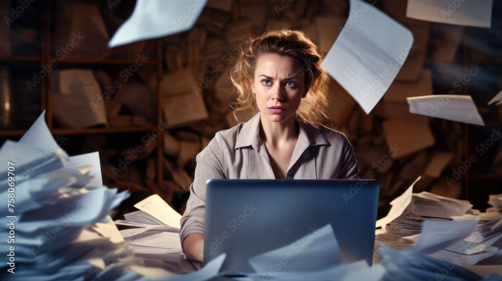 A young woman, visibly stressed, sits at her desk in a cluttered office ...