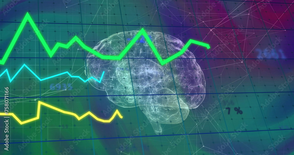 Image of graphs, changing numbers and connected dots over digital human ...
