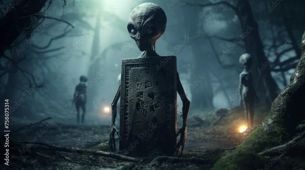 Tombstones on the graveyard as aliens. Fairytale images. Dark forest ...