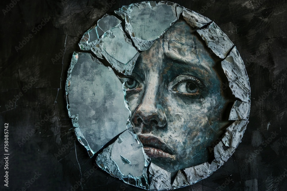 Hand-drawn pastel digital watercolour paint sketch A shattered mirror ...