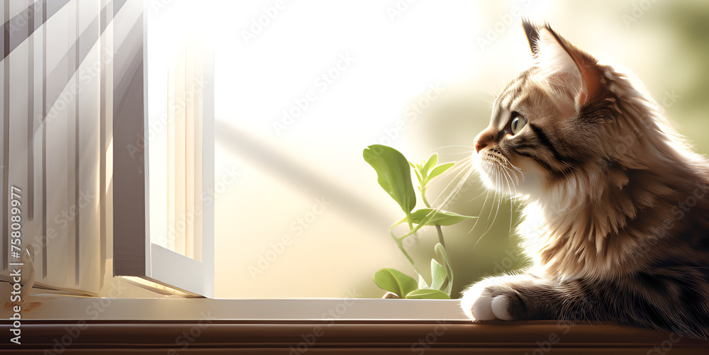 cat looking out the window and his reflection in the glass. Sunset Cat ...