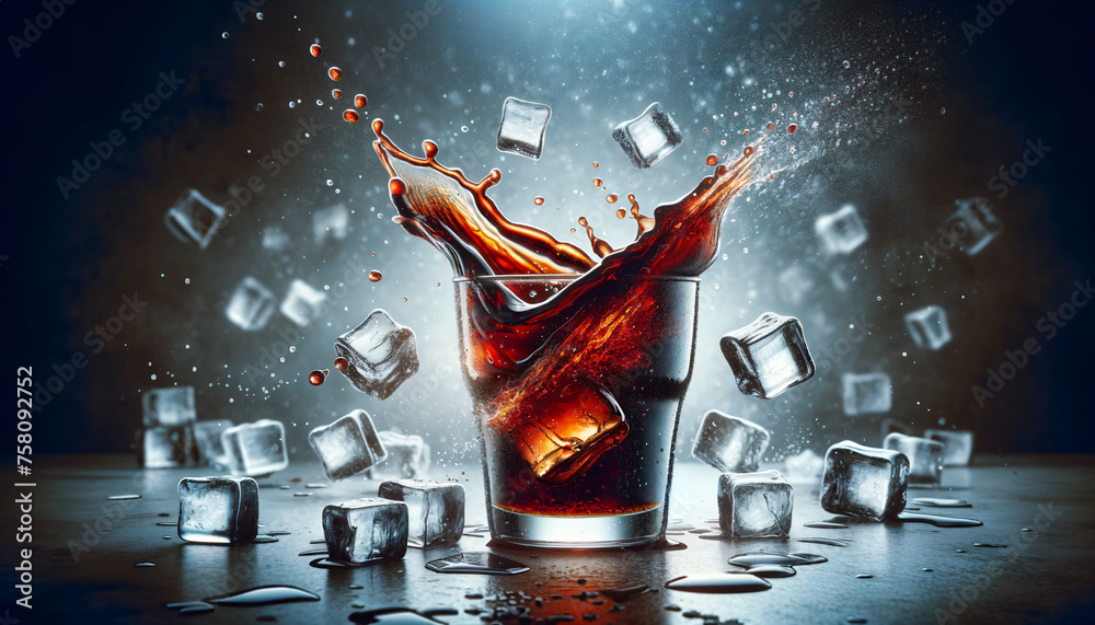Dramatic advertising scene with a tilted glass of cola, ice floating in ...