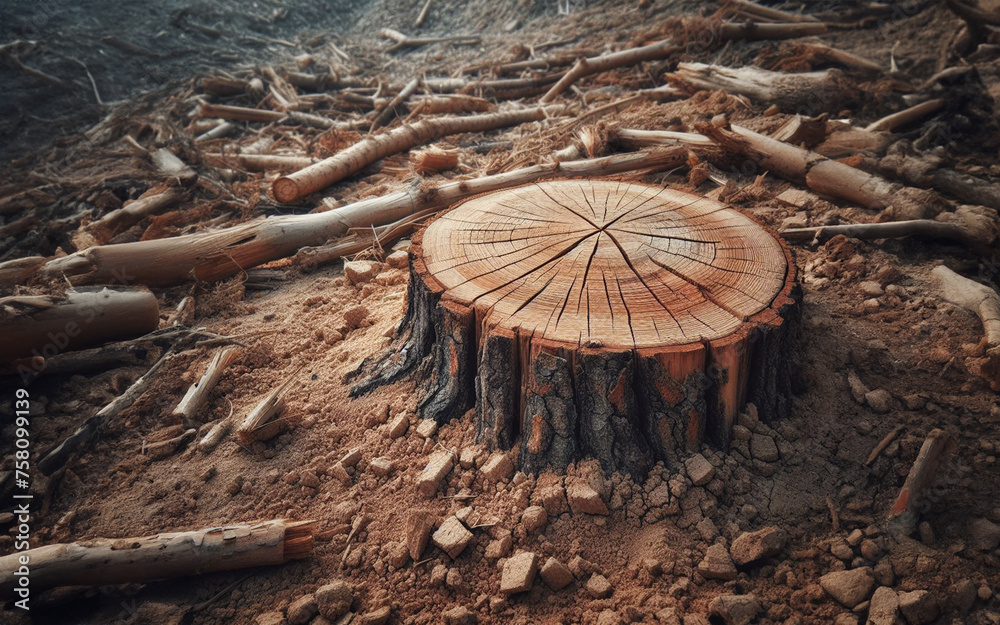 Stump The tree has been cut down, leaving just the stump. Destructive forest background. Cutting ...