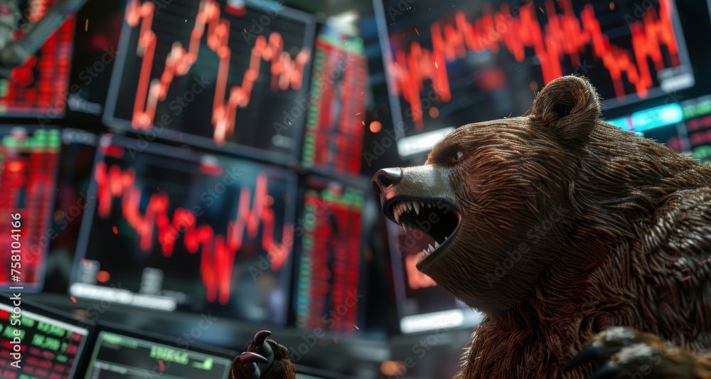 Bear roaring in front of declining stock market graphs, Concept of bear ...