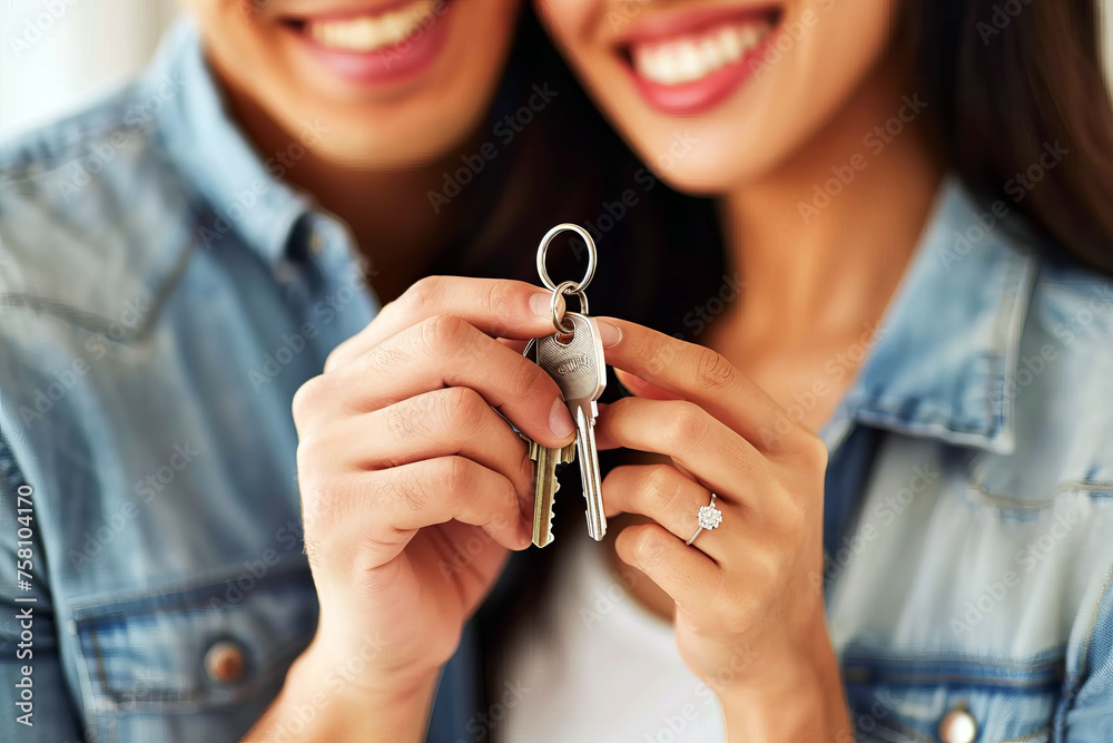 Joyful couple holding house keys celebrating a new home and the start ...