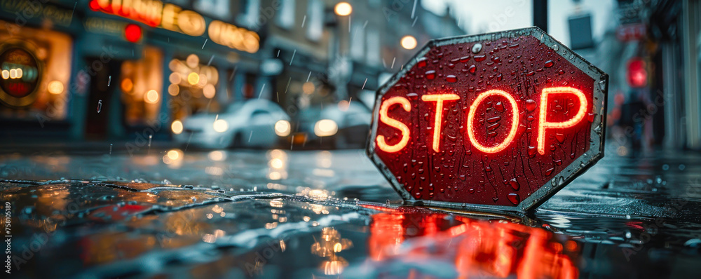 Wet stop sign with raindrops on a city street on a gloomy day, shallow ...