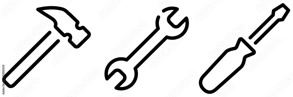 Working tools icon. Hammer, spanner and screwdriver symbols. Repair ...