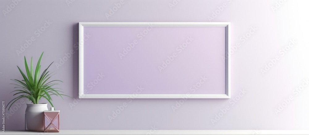 Realistic blank lilac picture frame on white wall from the front ...