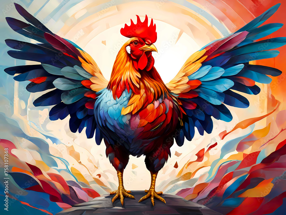 Rooster with wide spread wings. Abstract rooster illustration, vibrant ...