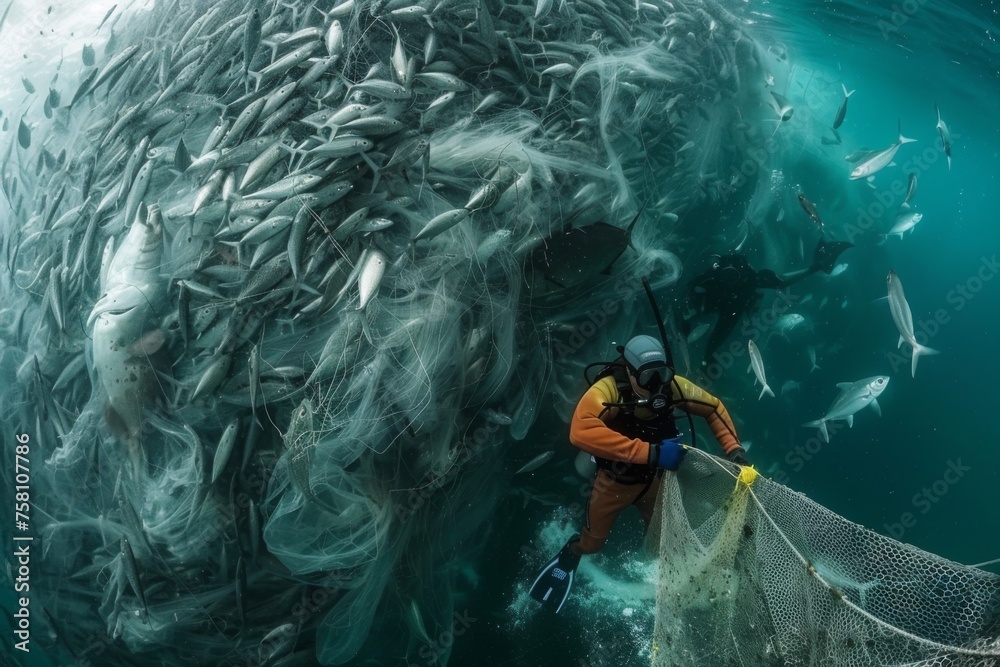 Diver in the midst of a bait ball using a net to study fish behavior ...