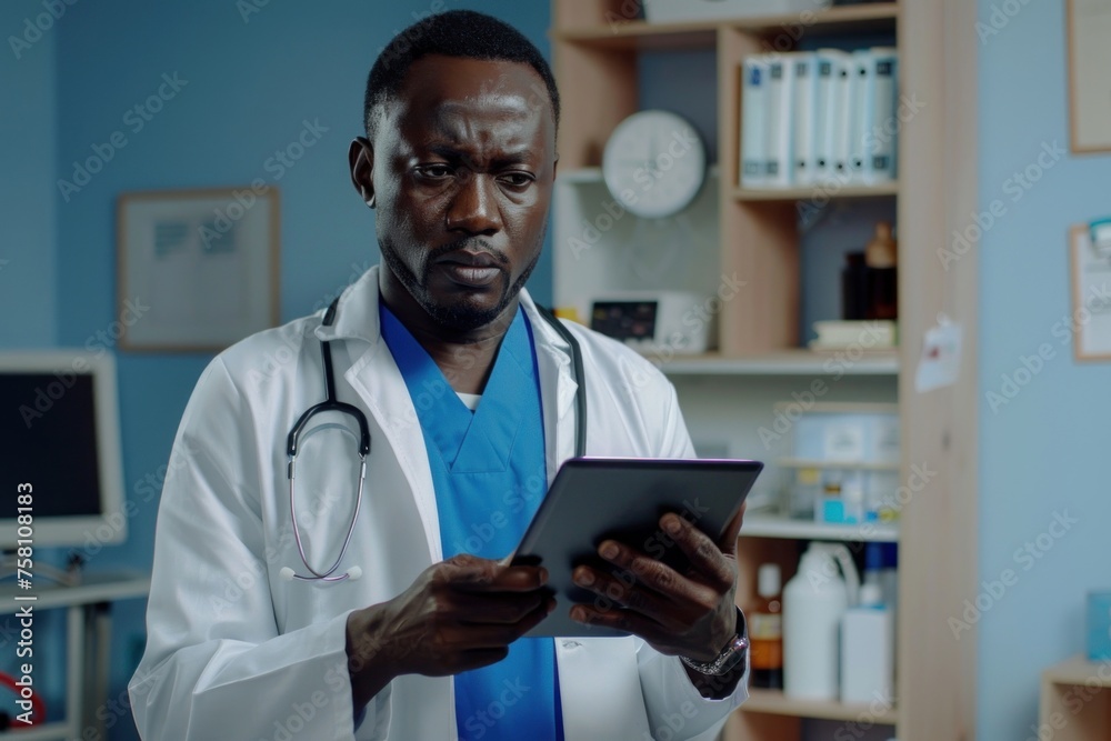 Serious and focused thinking african american doctor using tablet ...