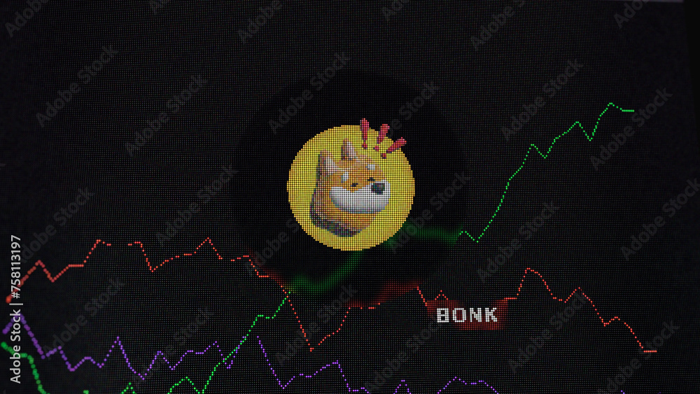 March 2014, the logo of Bonk coin on a crypto exchange charts screen ...